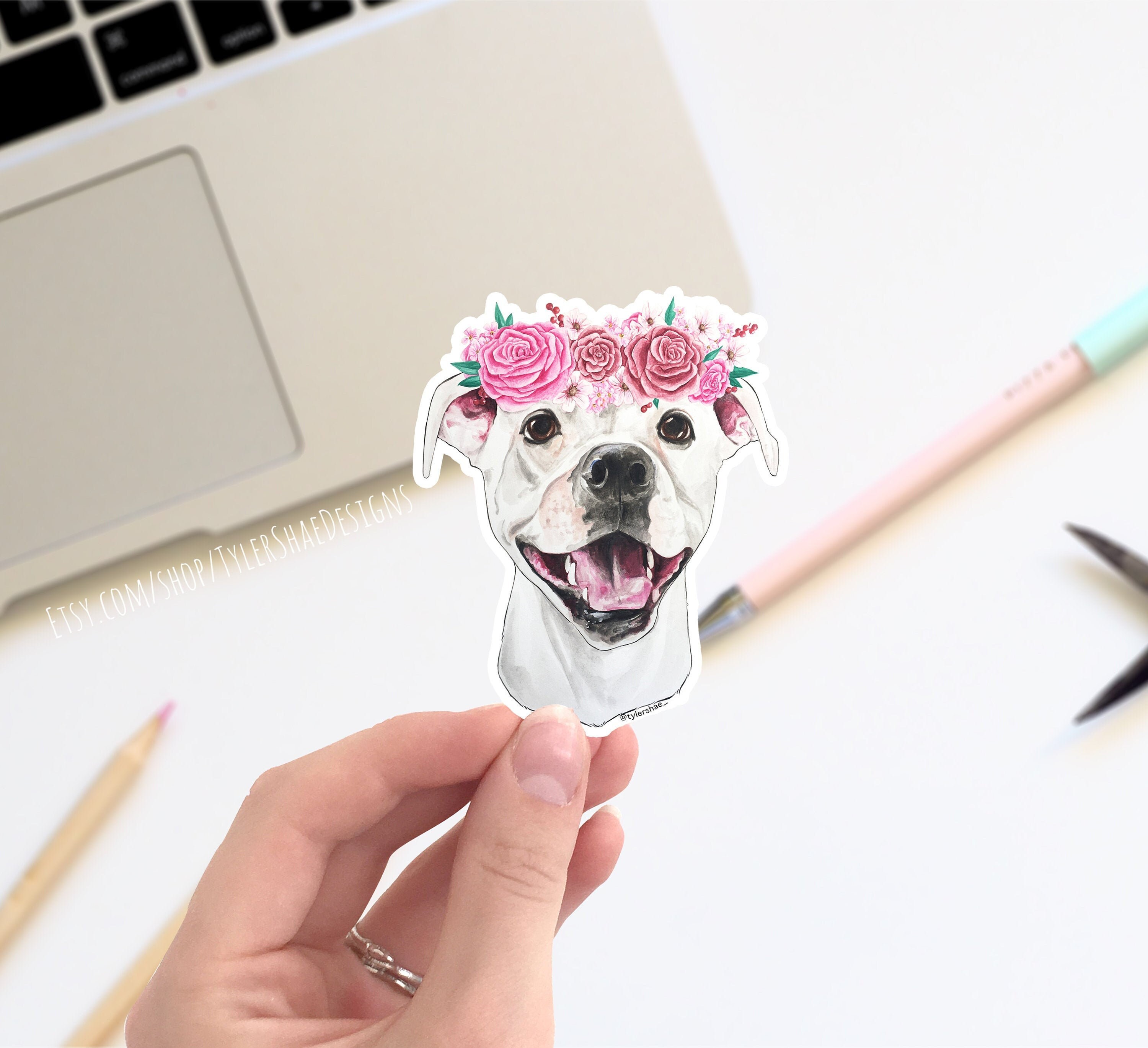 White Pit Bull Dog Sticker, Pitbull Stickers, Laptop Stickers, Decals ...