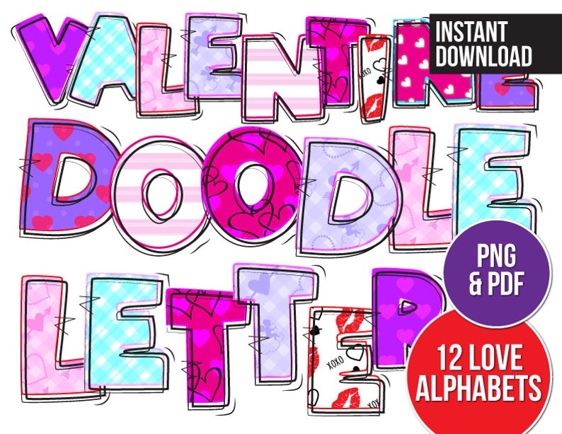 Valentine's Day Doodle Letter Alphabet Bundle (PNG, PDF), Doodle ...