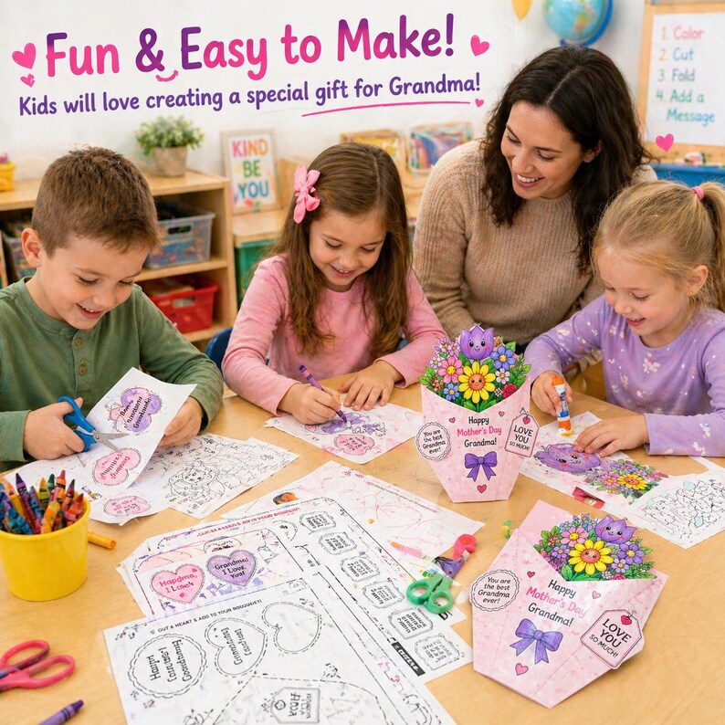 Mother’s Day Craft Printable for Grandma Bouquet Card Kids DIY Keepsake ...