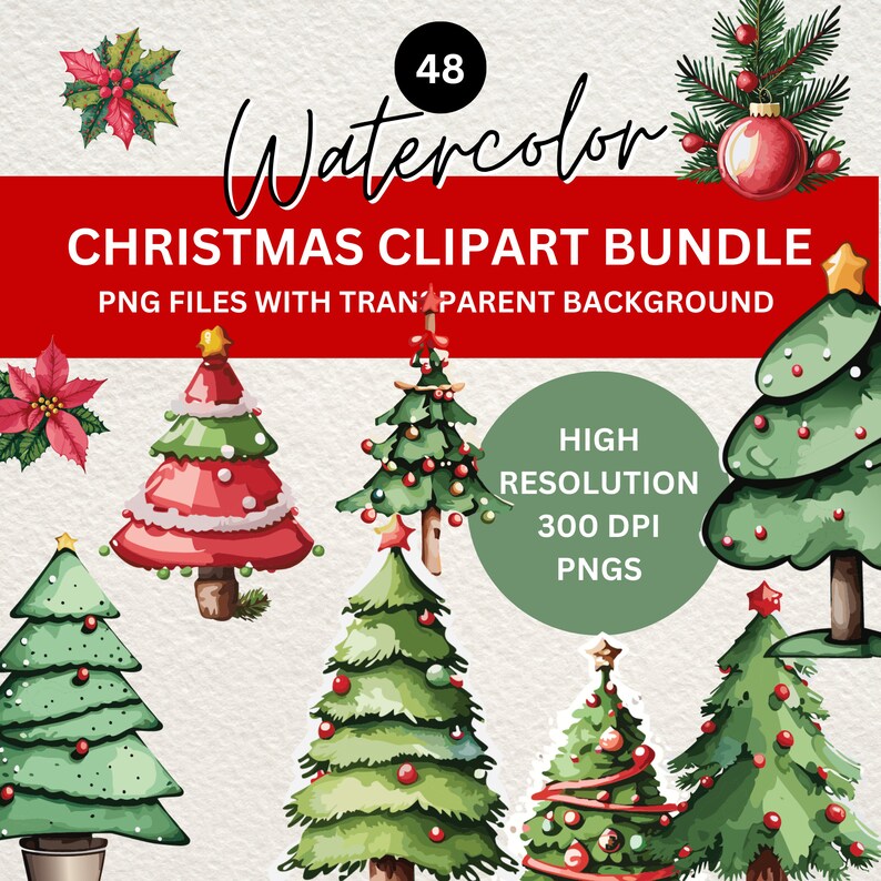 Watercolor Christmas Clipart Bundle, 48 Holiday Pngs for Crafts, Cards ...