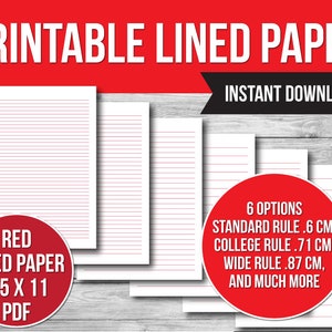 Printable Lined Paper PDF, RED Lined Paper, Wide Rule College Rule ...