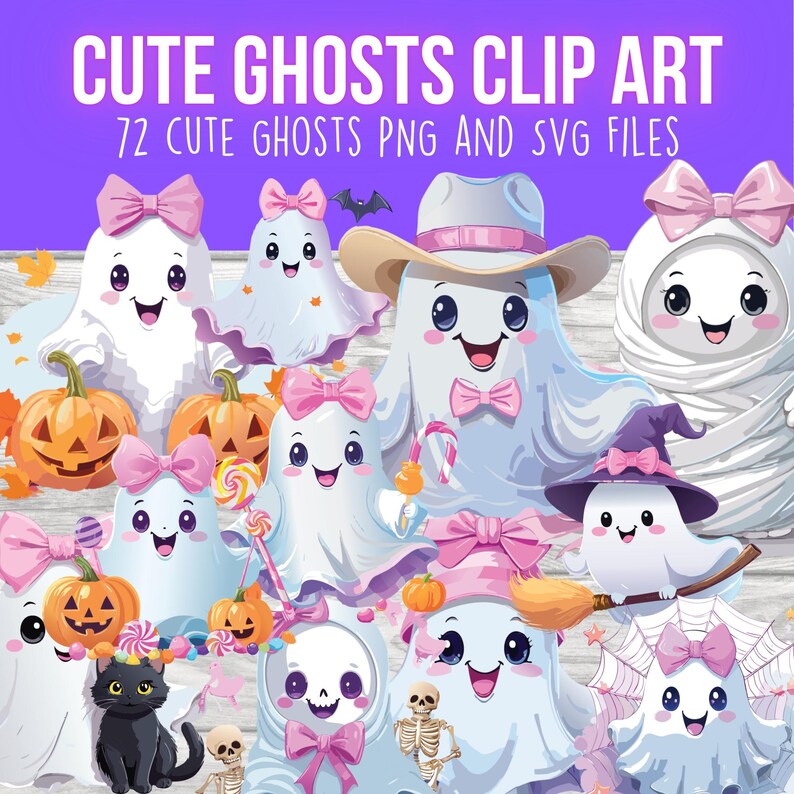 Cute Ghosts Halloween Clip Art Bundle, Pink Bows (SVG, PNG) - Etsy
