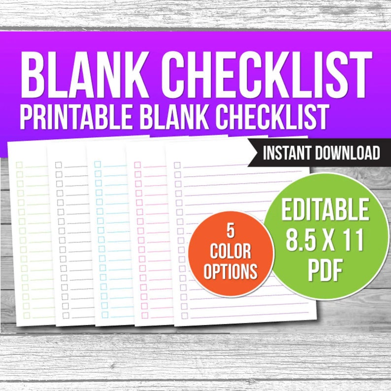 Blank Checklist Planner: 5 Color Options, Editable (PDF) - Etsy