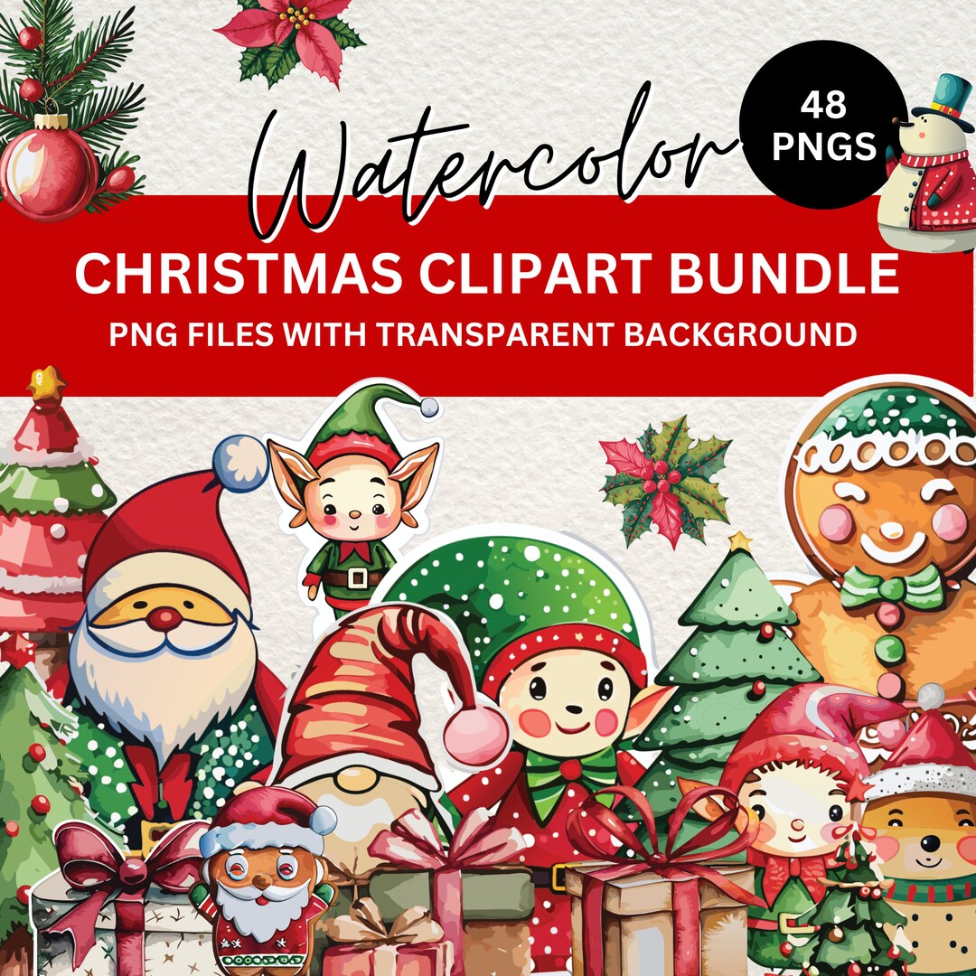 Watercolor Christmas Clipart Bundle, 48 Holiday Pngs for Crafts, Cards ...