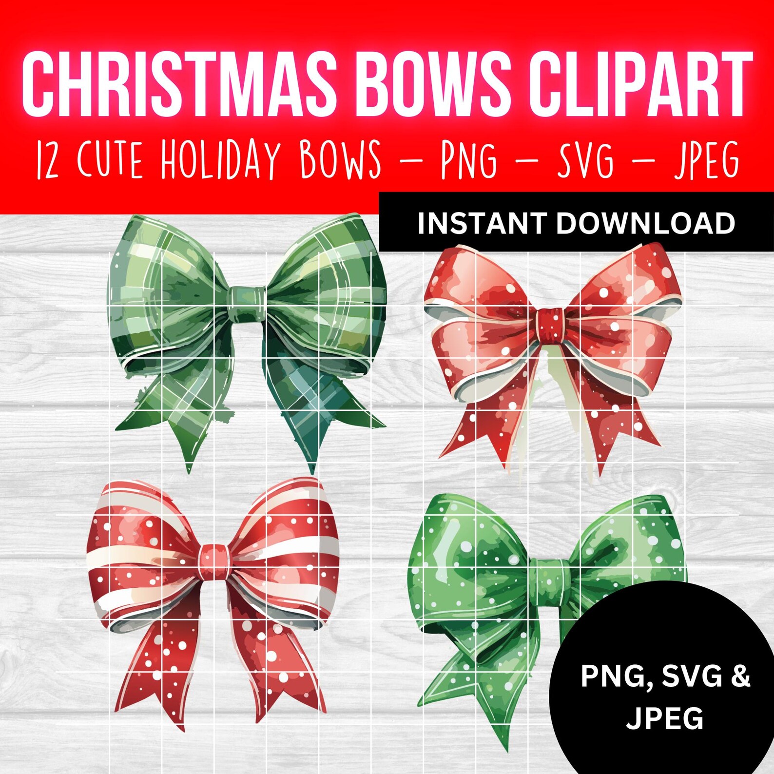 Christmas Bows Watercolor Clipart: Coquette Holiday Bows (PNG, SVG ...