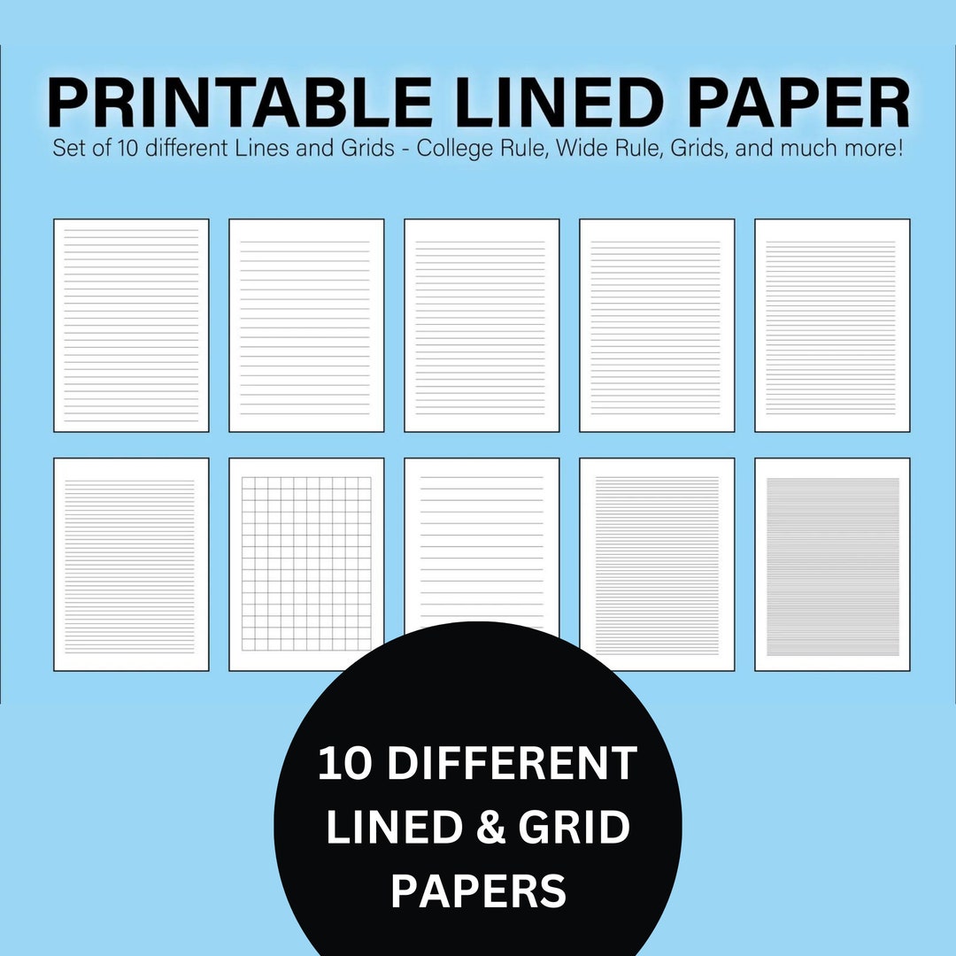 Printable Lined Paper Bundle: College & Wide Rule, Grid (PDF Download ...