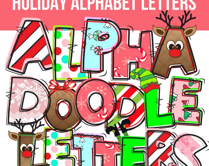 Christmas Letters Doodle Alphabet PNG Bundle | Holiday Clipart for ...