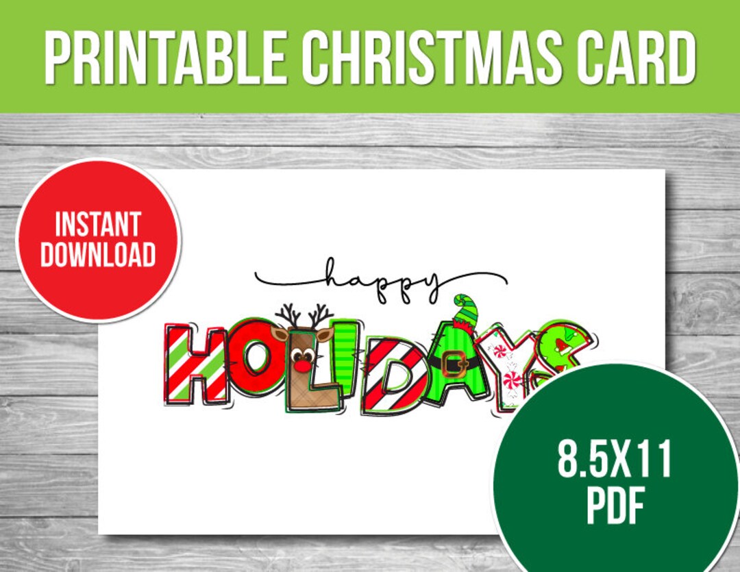 Printable Christmas Card, Happy Holidays Xmas Greeting Card, Holiday ...