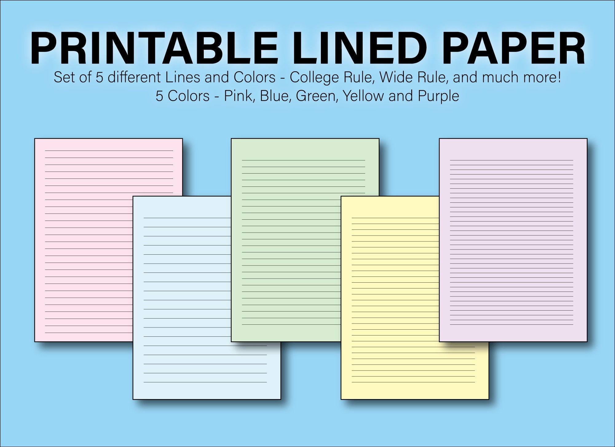 Printable Colored Lined Paper Set: College & Wide Rule (PDF) - Etsy