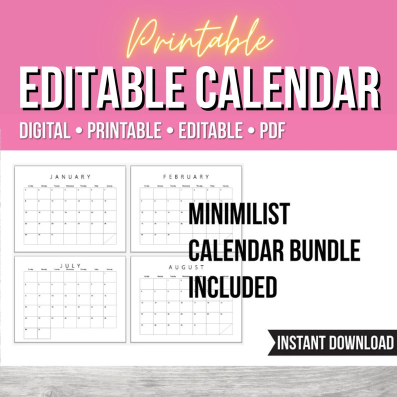 Printable Calendar, Blank Calendar Template Editable Monthly Planner ...