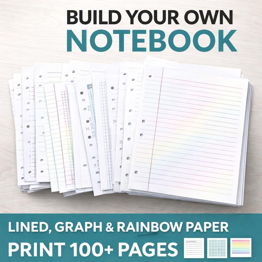 Printable Notebook Pages Bundle, Lined, Graph, Rainbow Paper (100 ...