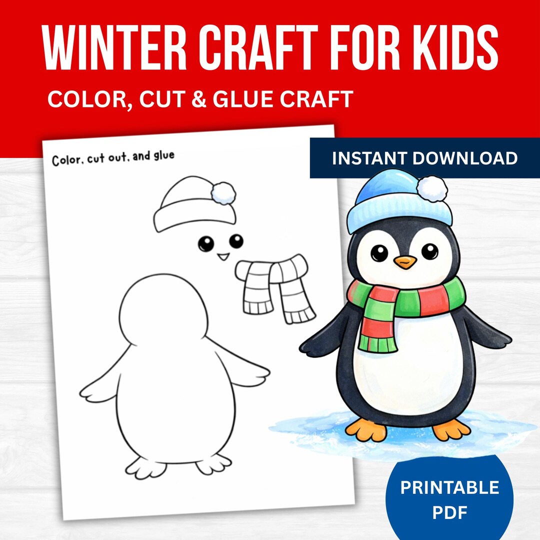 Penguin Cut and Glue Craft | Printable Color & Assemble Winter Activity ...