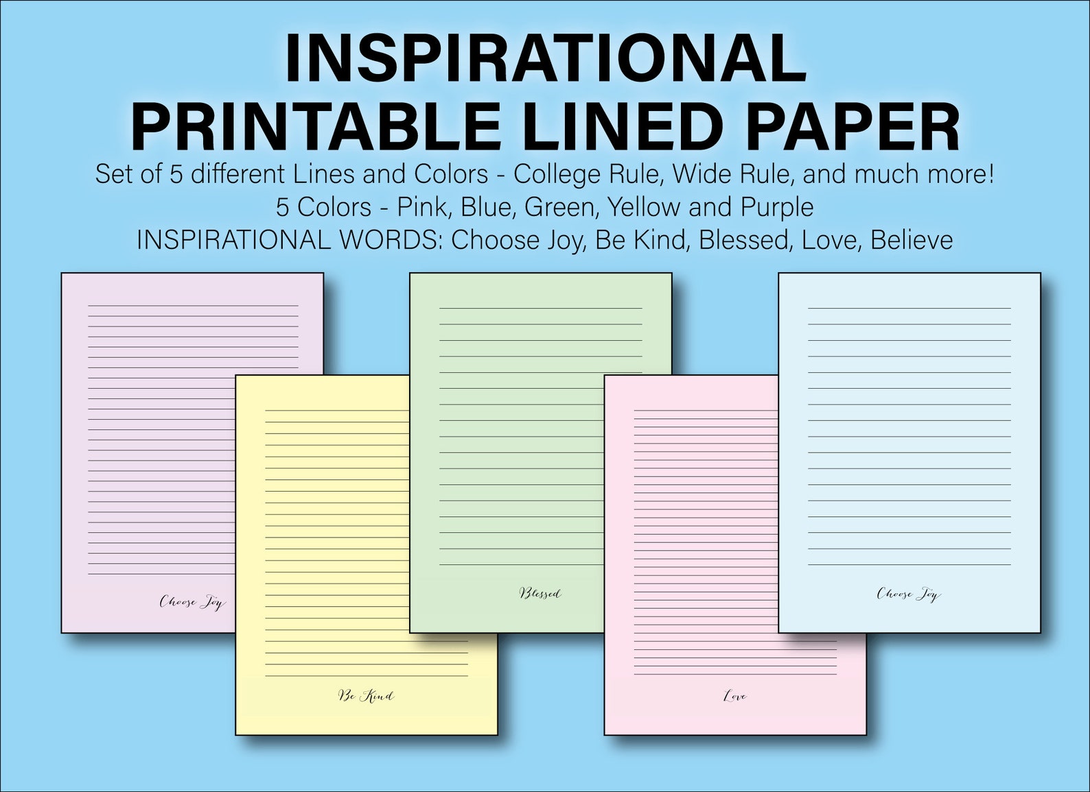 Printable Lined Paper Bundle, Wide Rule College Rule Paper, Colored ...