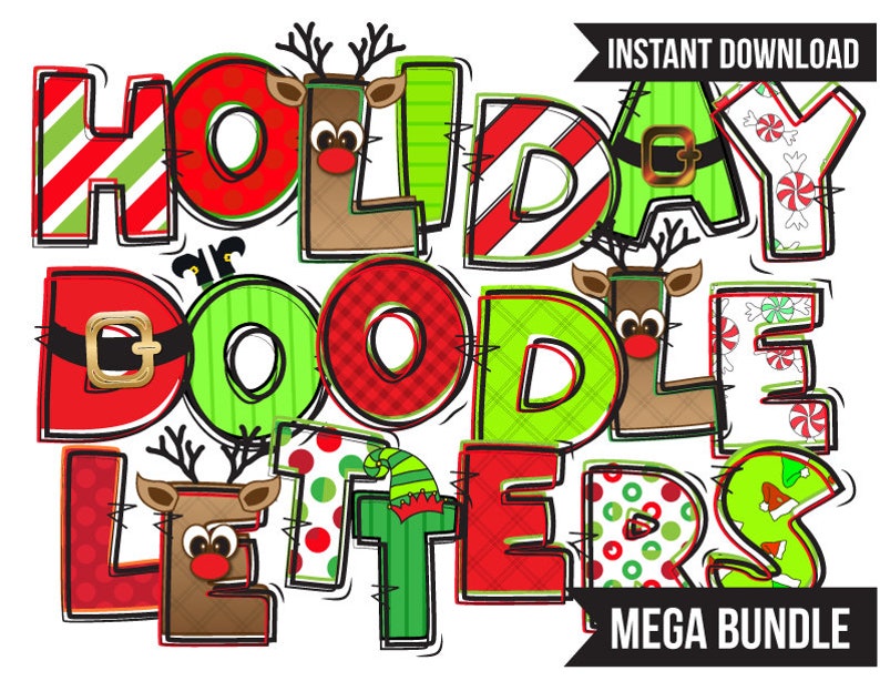 Christmas Doodle Letters: PNG Alphabet, Christmas Font - Etsy