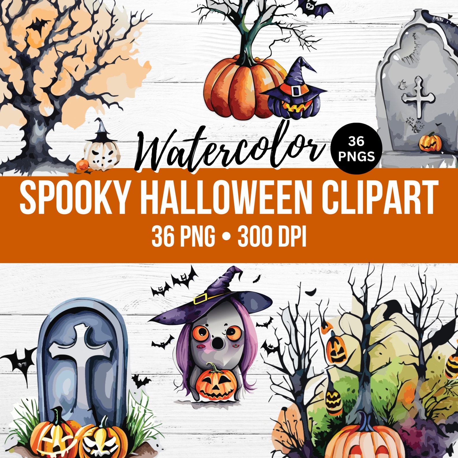 Watercolor Halloween Clipart Bundle, Spooky PNG Graphics - Etsy