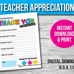 Teacher Thank You, Teacher Appreciation Week, Teacher Gift, Printable ...