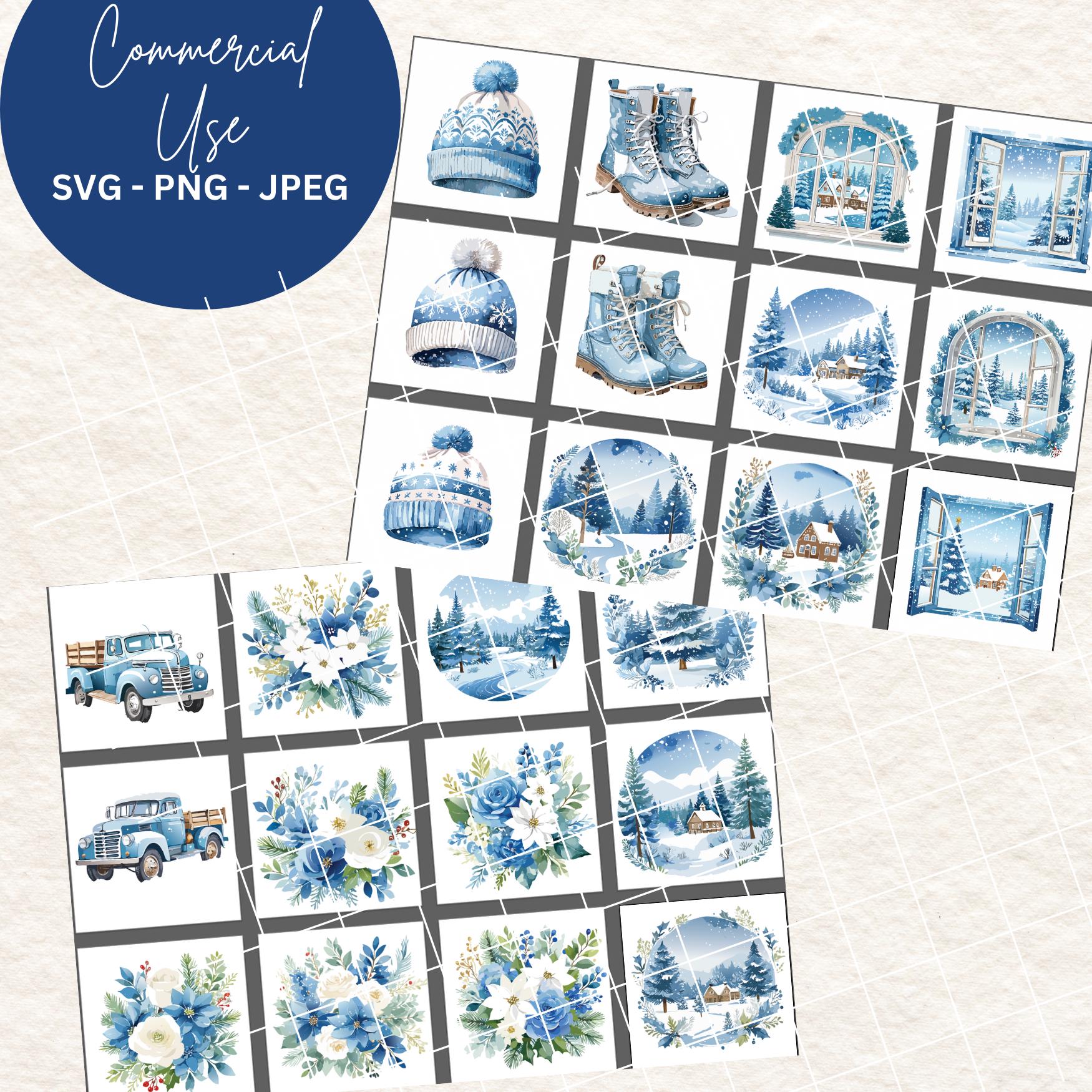 Blue Christmas Clipart Bundle: Vintage Watercolor Winter Clip Art PNG ...