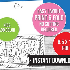 Printable Brother Birthday Coloring Card: DIY Kids Craft (PDF ) - Etsy