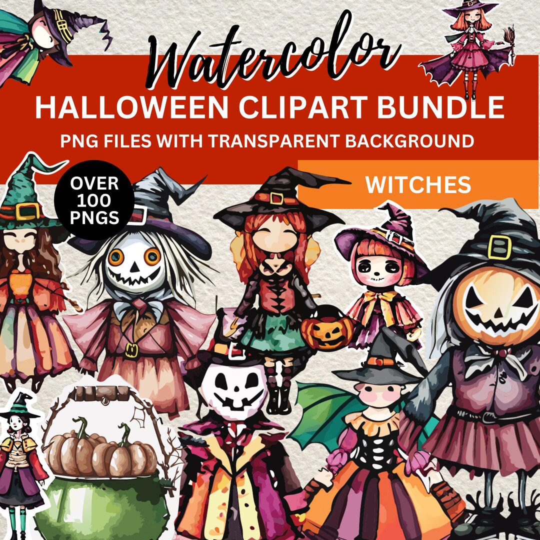 Watercolor Halloween Clipart PNG Bundle With Cute Pumpkins, Ghost ...