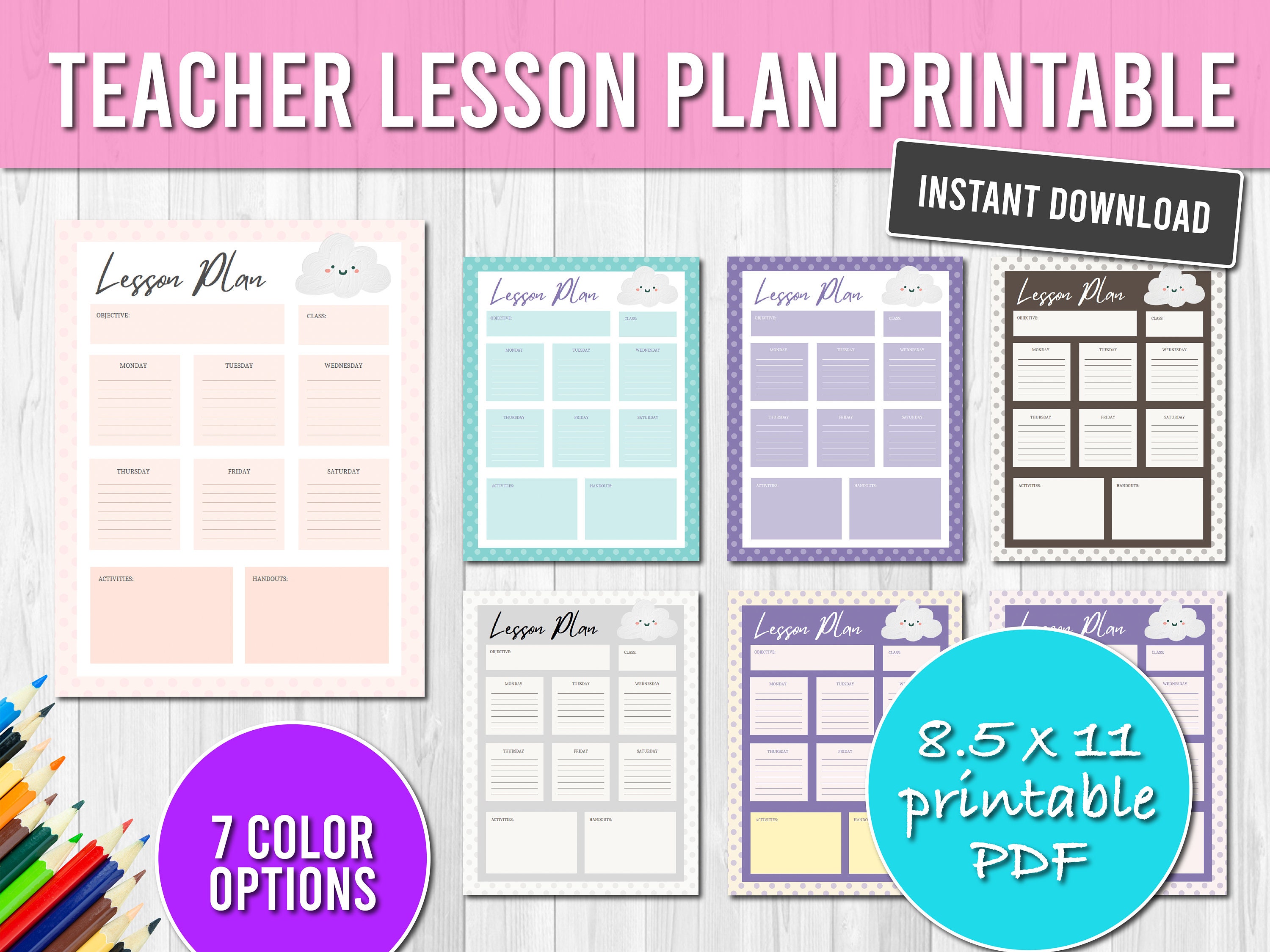 Printable Lesson Plan Template: Colorful Editable PDF (8.5x11) - Etsy
