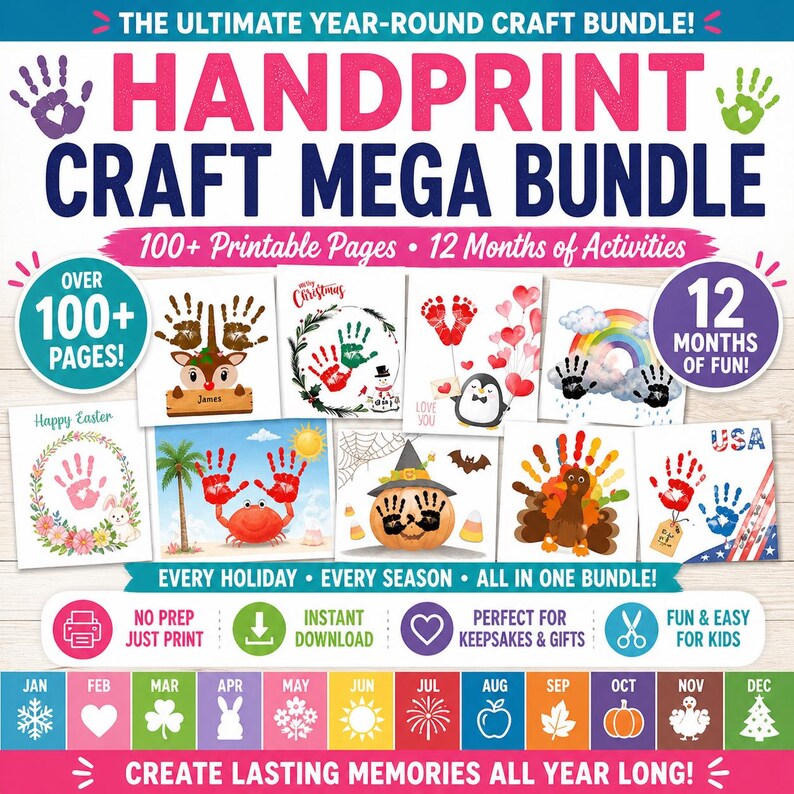Handprint Craft Bundle Printable, 100+ Pages Kids Handprint Art, 12 ...