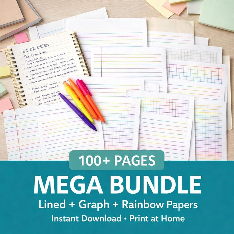 Printable Lined Paper, Graph Paper, Rainbow Styles Mega Bundle (100 ...