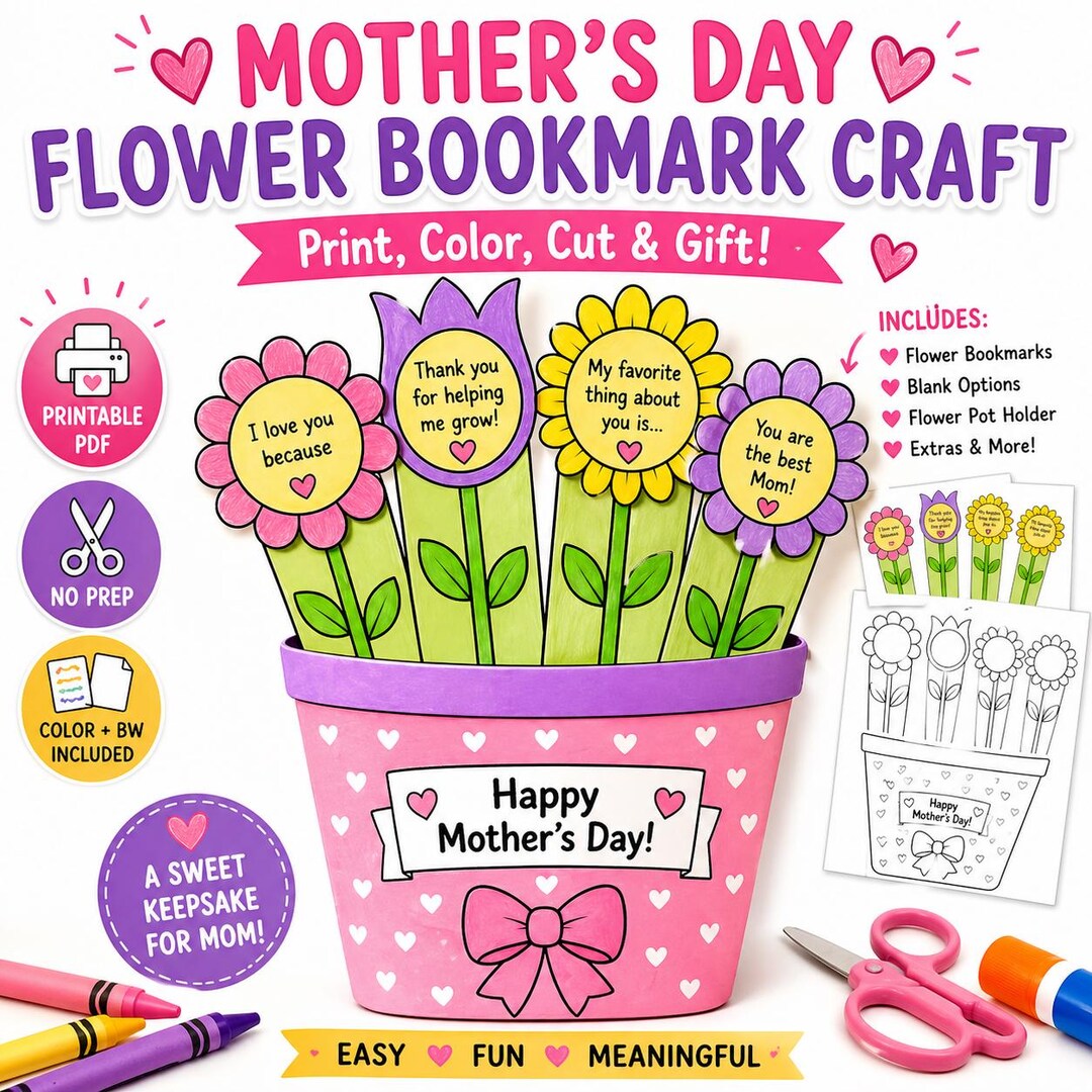 Mother’s Day Craft Flower Bouquet Bookmark Printable, Kids Keepsake ...