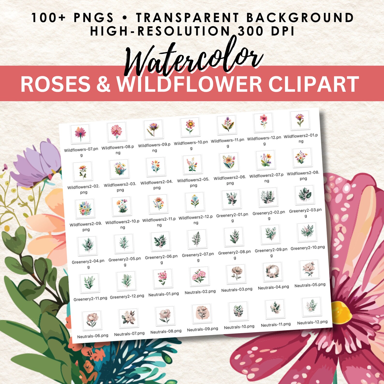 Watercolor Roses & Wildflowers Clipart Bundle – 100+ PNG Floral ...