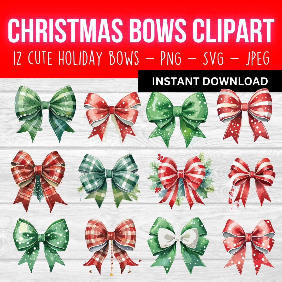 Christmas Bows Watercolor Clipart: Coquette Holiday Bows (PNG, SVG ...