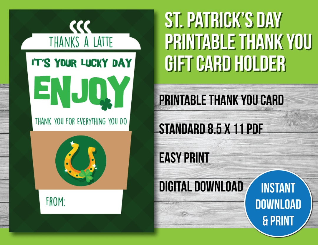 St Patrick's Day Printable Thank You, Thanks a Latte Coffee Gift Card ...
