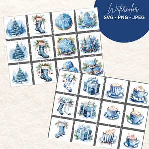 Blue Christmas Clipart Bundle: Vintage Watercolor Winter Clip Art PNG ...