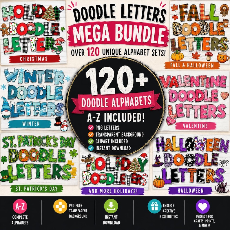 Doodle Font SVG Bundle, Alphabet Letters PNG, 120 Digital Alphabets ...