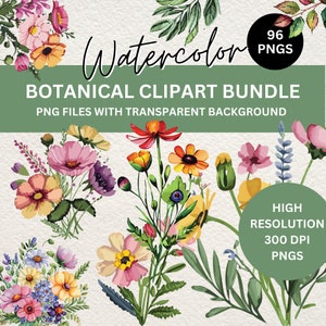 Wildflower Botanical Clipart Bundle, Watercolor Floral Greenery PNG ...