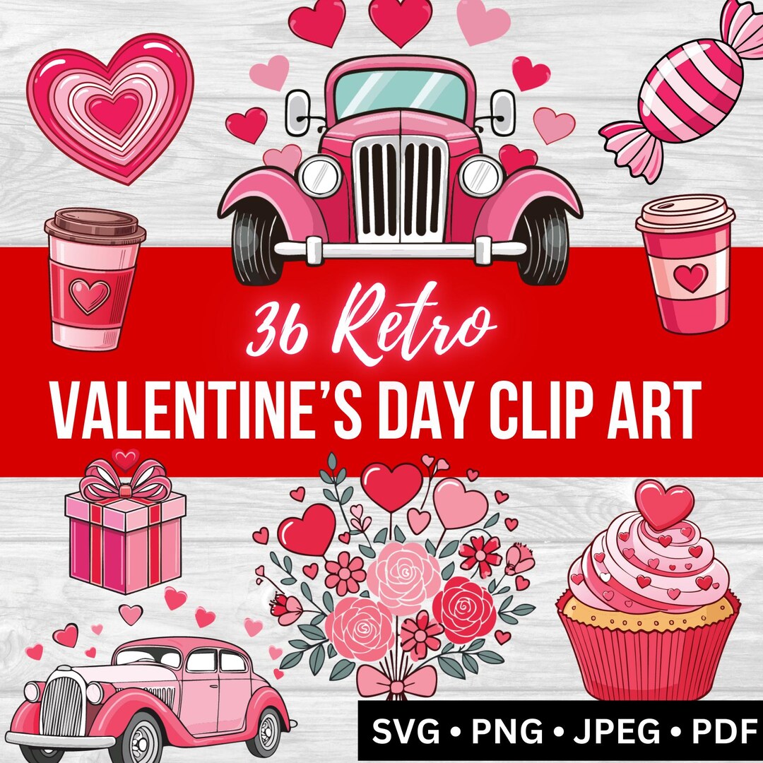 Retro Valentines Day Clipart Bundle: Gnomes, Hearts, Trucks (svg, Png ...