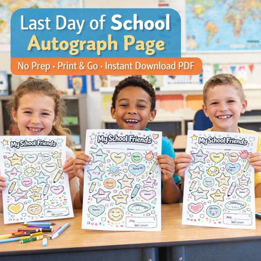 End of Year Autograph Page Printable, Last Day Activity Craft, Memory ...