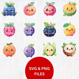 Cute Kawaii Fruit Clipart, Strawberry PNG, Avocado SVG, Pineapple Lemon ...
