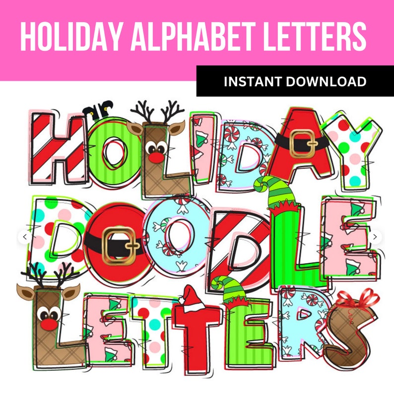 Christmas Doodle Letters, Santa Sublimation Font, Xmas Doodle Alpha ...