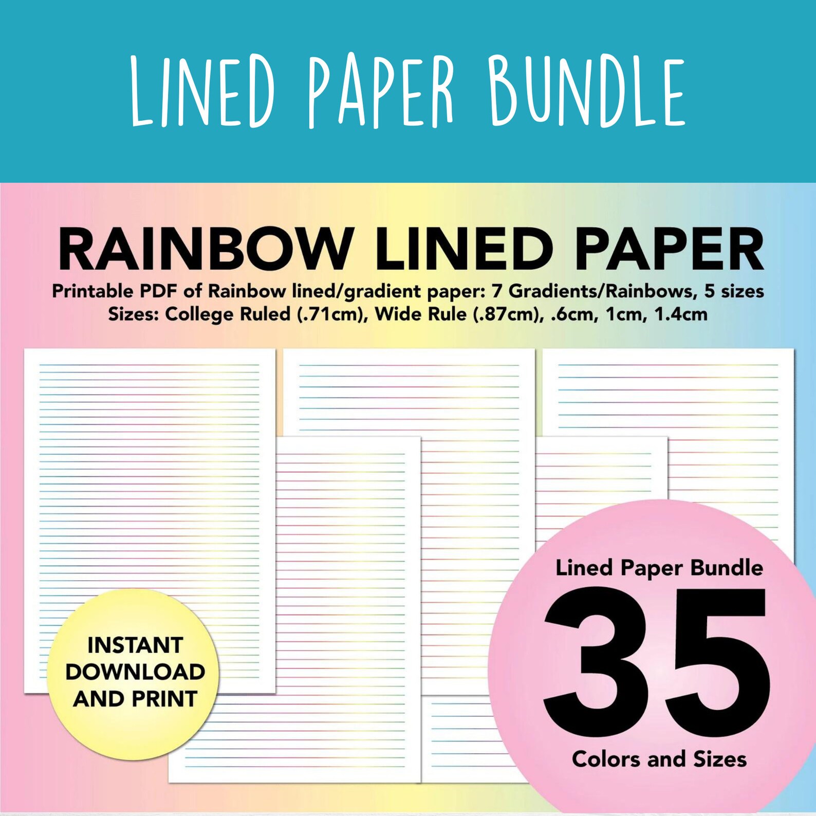 Rainbow Lined Paper Bundle, Gradient Colors, Printable PDF - Etsy