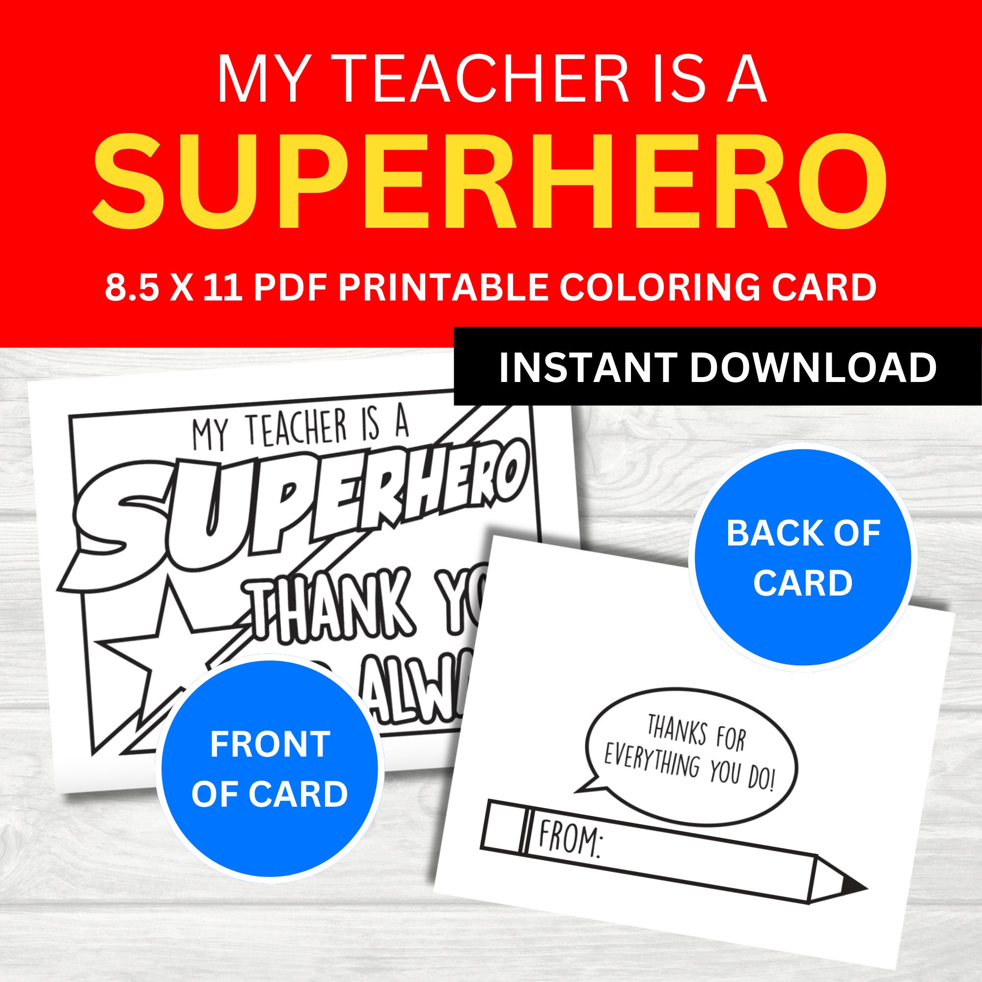 Teacher Thank You Coloring Card: Superhero Theme (PDF Printable) - Etsy