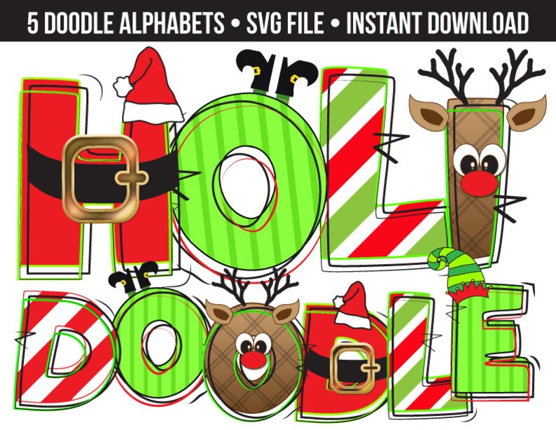 Christmas Doodle Letters Bundle, 5 Hand Drawn Alphabet Sets (PNG PDF ...