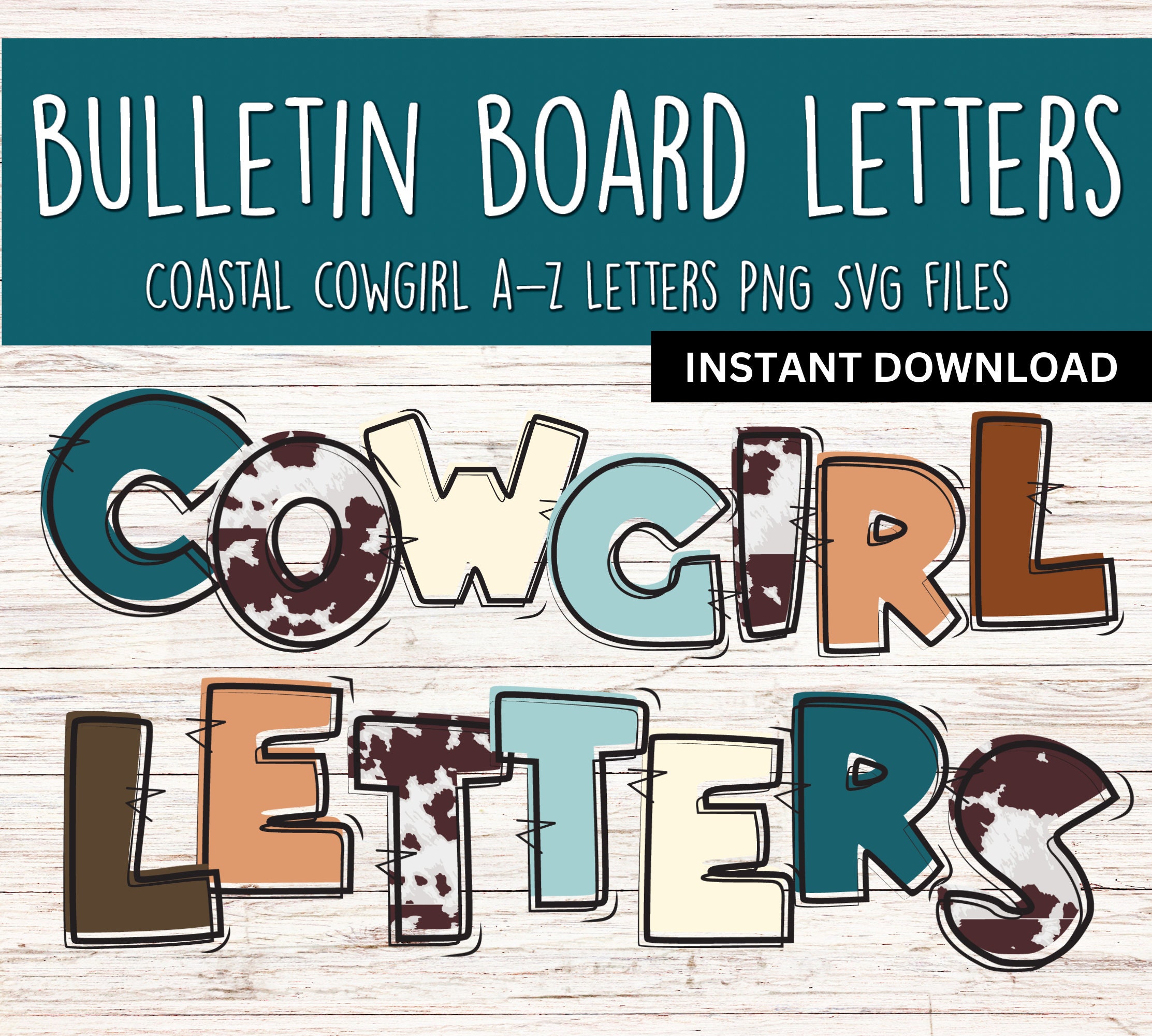Coastal Cowgirl Alphabet Letters: Bulletin Board PNG SVG, Doodle ...
