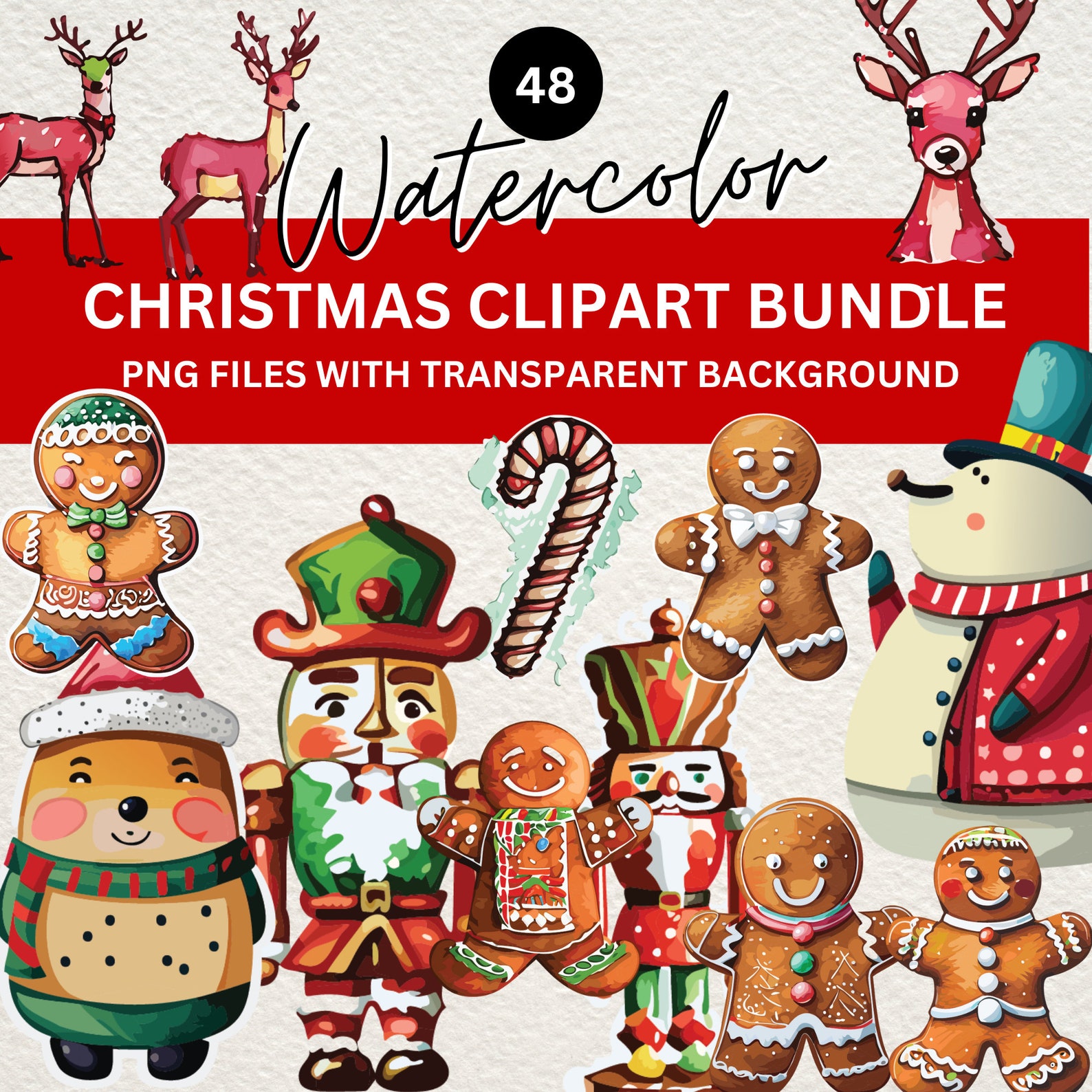 Watercolor Christmas Clipart Bundle, 48 Holiday Pngs for Crafts, Cards ...