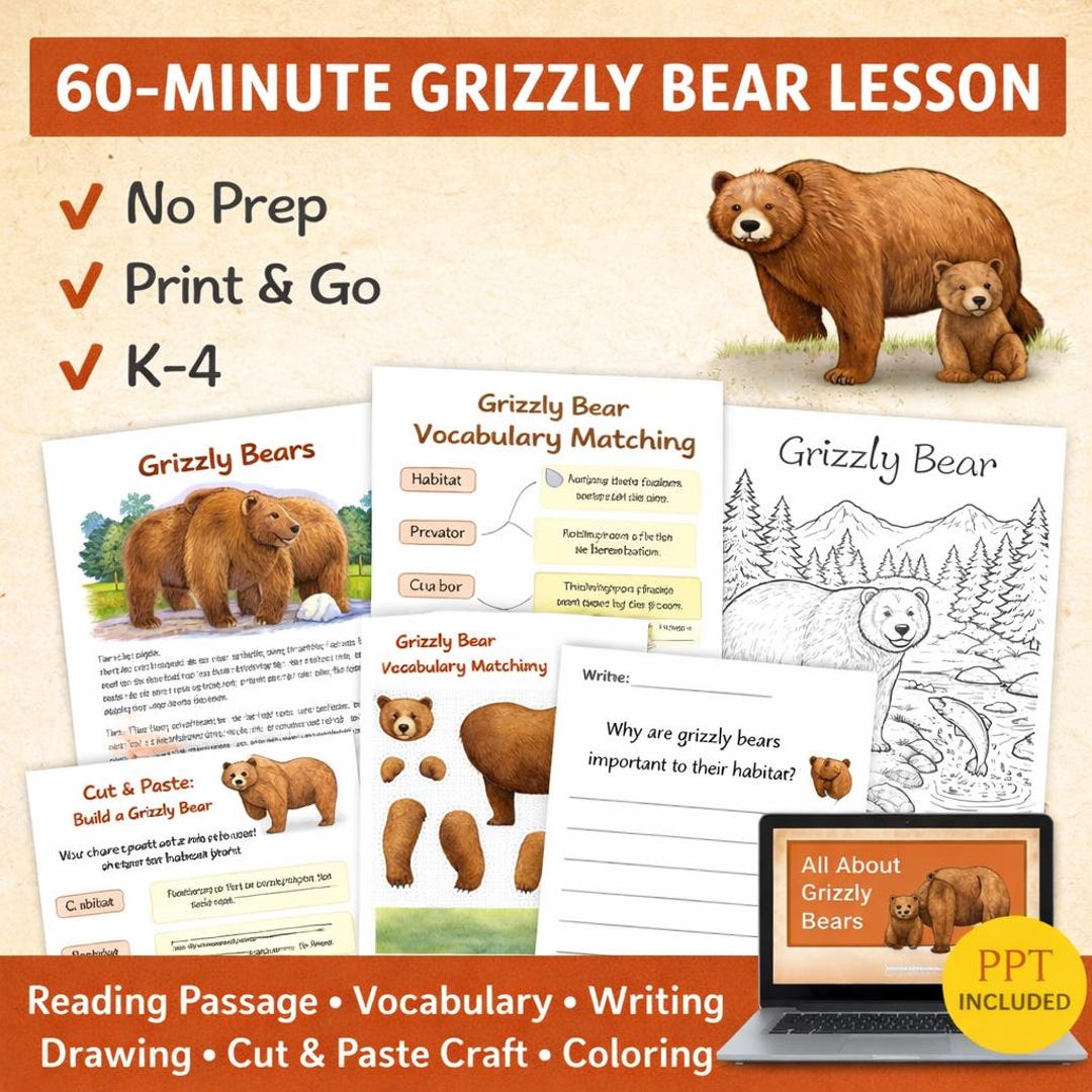 Grizzly Bear Lesson Plan K-4 | No Prep Science Unit (PPT Included ...
