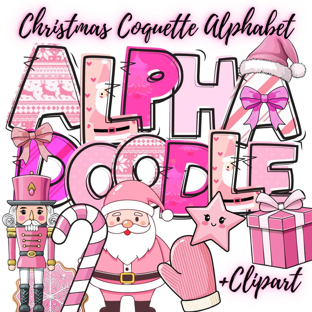 Pink Christmas Alphabet Clipart, Coquette Doodle Font (digital Download ...