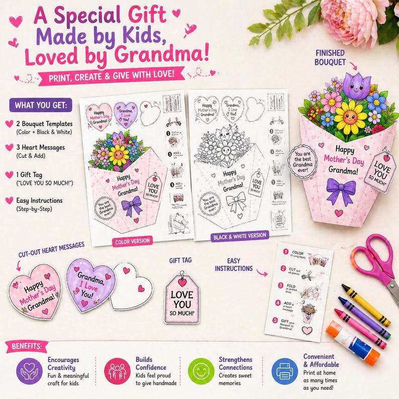 Mother’s Day Craft Printable for Grandma Bouquet Card Kids DIY Keepsake ...