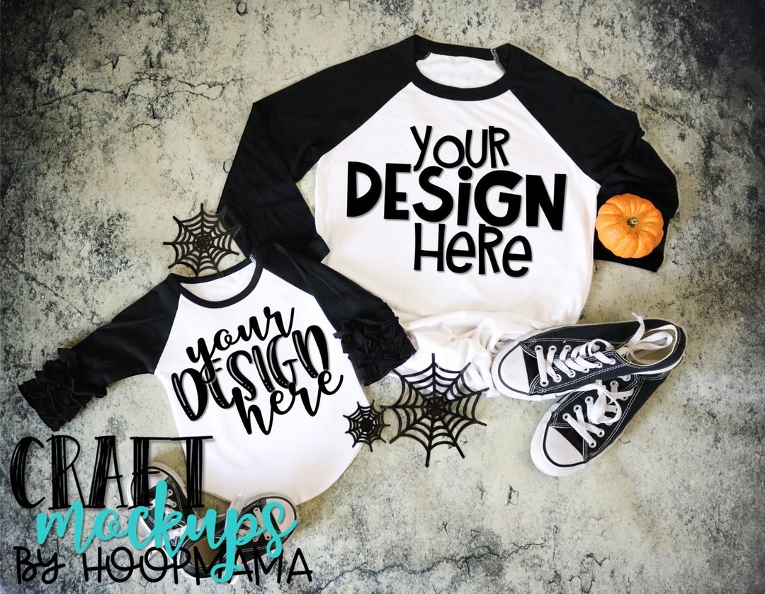 Black and White Adult Raglan and Kids Ruffle Raglan Mock up - Halloween ...