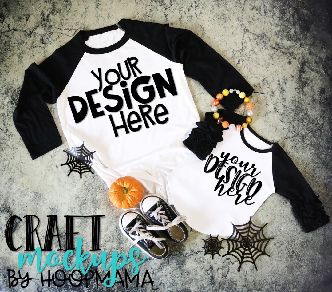 Black and White Adult Raglan and Kids Ruffle Raglan Mock up - Halloween ...
