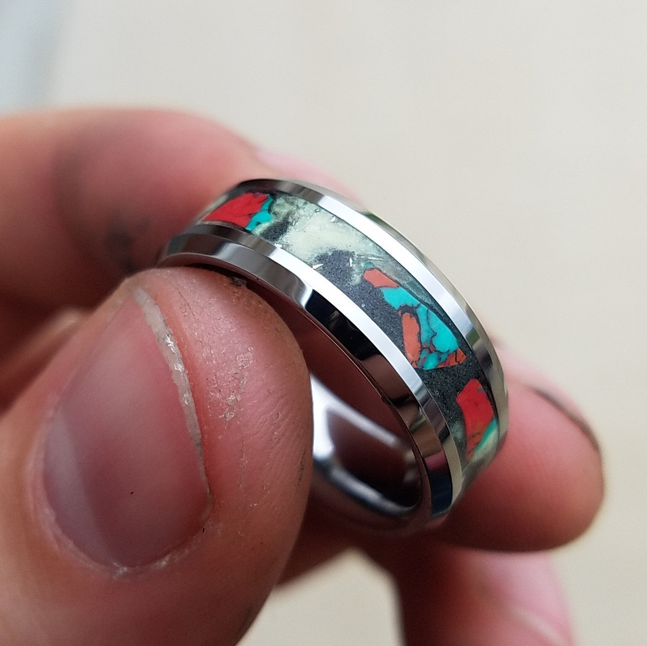 Tungsten Carbide Glow Ring With Red and Blue Stone Inlay. Glow Ring ...