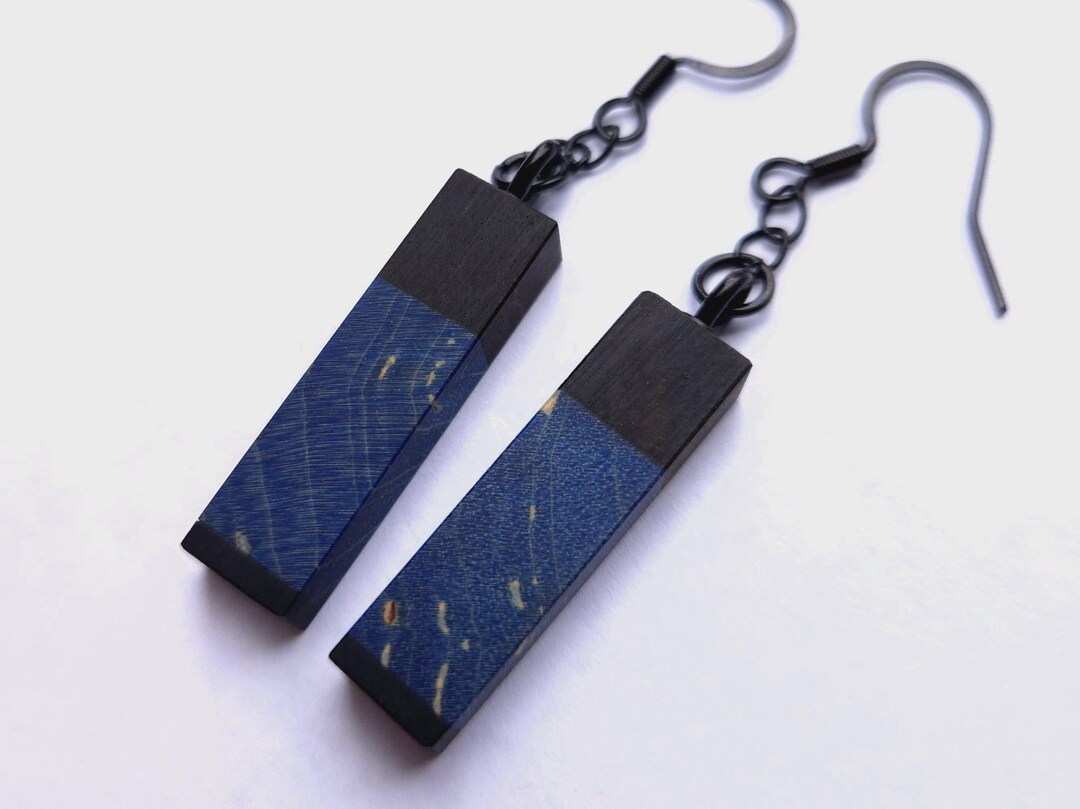 Black and Blue Rectangular Bar Wood Dangle Earrings With Wavy Grain ...