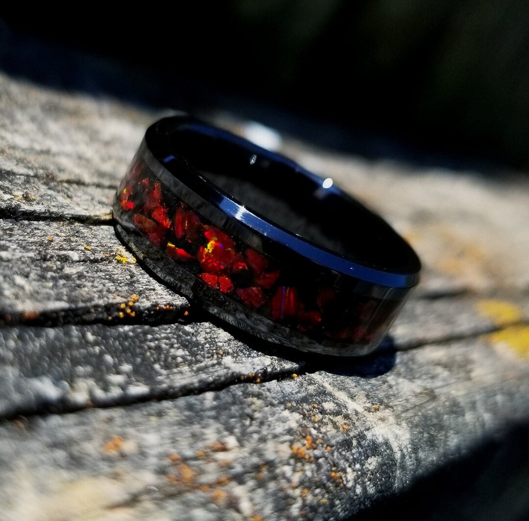 Black Ceramic Glow Ring With Red Fire Opal and Glowstone Inlay. Fire ...